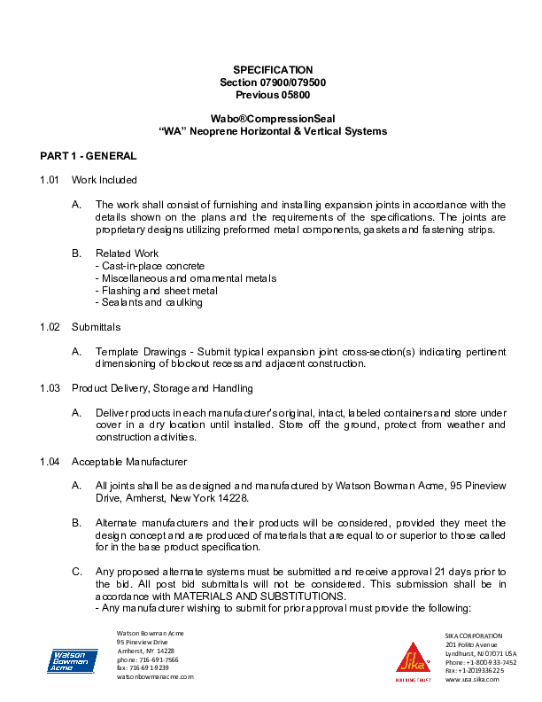 Expansion Joint Product Specifications | Watson Bowman Acme | WBA